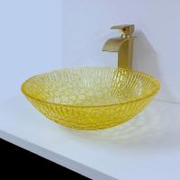 China Round Lacquered Crystal Wash Basins Low Profile Glass 12mm Modern Gold Yellow for sale