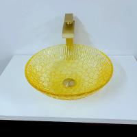 China Round Lacquered Crystal Wash Basins Low Profile Glass 12mm Modern Gold Yellow for sale