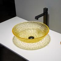 China Round Lacquered Crystal Wash Basins Low Profile Glass 12mm Modern Gold Yellow for sale