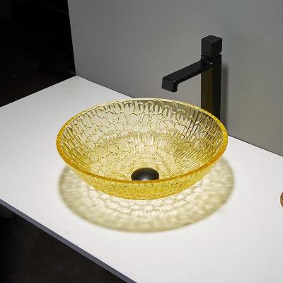China Round Lacquered Crystal Wash Basins Low Profile Glass 12mm Modern Gold Yellow for sale