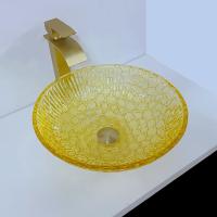 China Round Lacquered Crystal Wash Basins Low Profile Glass 12mm Modern Gold Yellow for sale