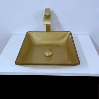 China 400m Washroom Basin Sink Square Vessel Smooth Brushed Gold Tempered Glass for sale
