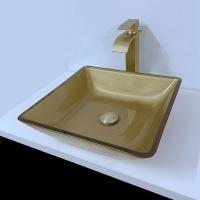 China 400m Washroom Basin Sink Square Vessel Smooth Brushed Gold Tempered Glass for sale