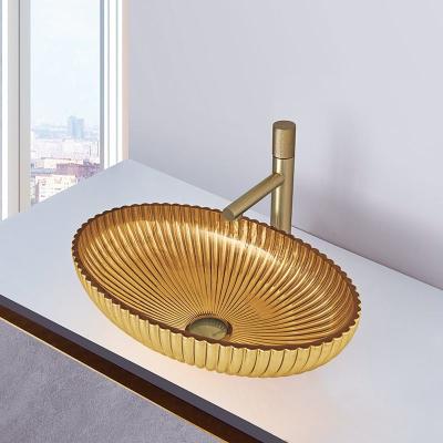 China OEM Sturdy Glass Vessel Basins 18k Gold Color Interior 135mm Height for sale
