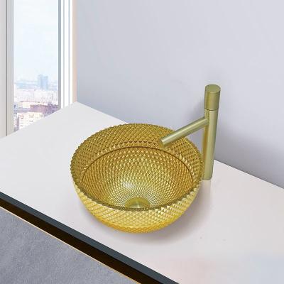 China 45mm Drain Hole Glass Wash Basin 18K Gold Color Bathroom Sinks For Home Hotel for sale