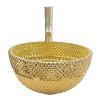China 45mm Drain Hole Glass Wash Basin 18K Gold Color Bathroom Sinks For Home Hotel for sale