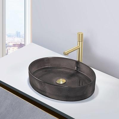 China Oval Shaped Glass Vessel Basins Transparent Black Flat Bottom Bathroom Sinks for sale