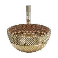 China Crystal Glass Wash Basin In British Gold Color Bowl Shape Bathroom Countertop Sinks for sale