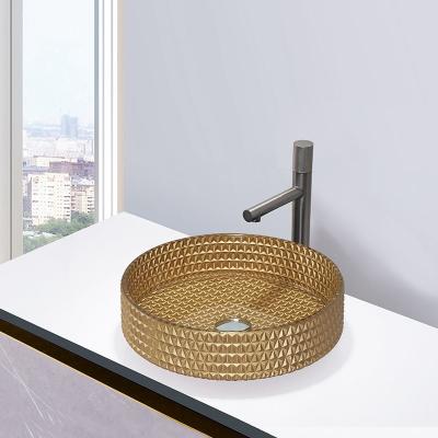 China 45mm Crystal Glass Wash Basin Gold Color Cylindrical Shape Bathroom Vanity Sink for sale