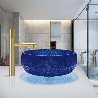 China Crystal Glass Vessel Basins Royal Blue Color Countertop Sink for sale