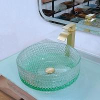 China Diamond Shape Crystal Glass Vessel Sinks Table Top Wash Basin Green Bottom for sale