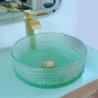 China Diamond Shape Crystal Glass Vessel Sinks Table Top Wash Basin Green Bottom for sale