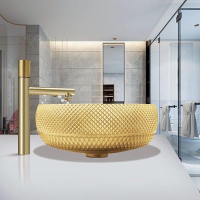 China 45mm Drain Hole Glass Wash Basin 18K Gold Color Countertop Sinks For Restaurant for sale