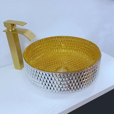 China Shinning Gold Crystal Glass Wash Basin Cylindrical Shape Bathroom Vessel Sinks for sale