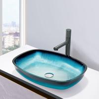China Glass Gradient Blue Tempered Bath Wash Basins Melon Shape Table Top Countertop Mounted for sale