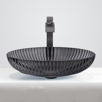 China Transparent Black Glass Vessel Basins With Pop Up Drain 1.77 Inch Size Bathroom Cabinet Sink for sale
