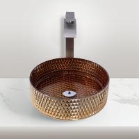 China Kitchen Countertop Mounted Glass Wash Basin In Electroplated Coating British Gold Color for sale