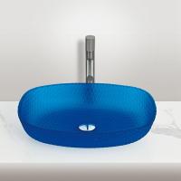 China Acid Matt Blue Vessel Basin Sinks 540*395*110mm 1 Hole Glass Basin for sale