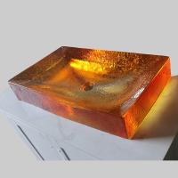 China Amber Color Glazed Glass Wash Basin Tap Hole Free Glass Vessel Sinks for sale