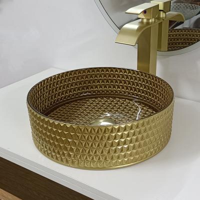 China Round Gold Glass Vessel Sink Diamond Table Top Bowl Wash Basin Crystal Bathroom for sale