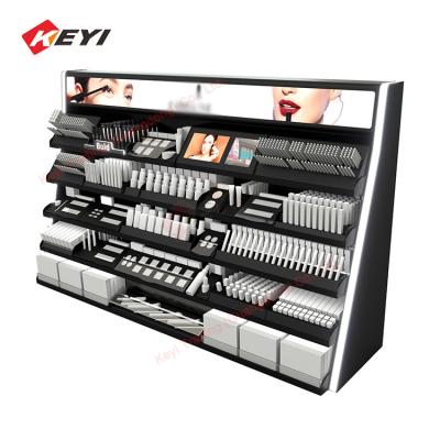 China Custom Wooden Wall Cosmetic Shelves Display Cabinet And Makeup Display Wall Showcase For Cosmetic Salon Store for sale