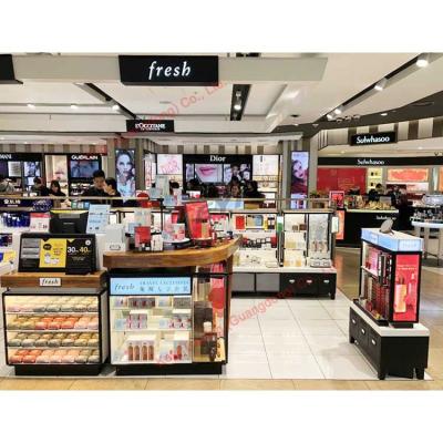 China Retail customized luxury black makeup shop displays acrylic cosmetic display stand and cabinet for sale