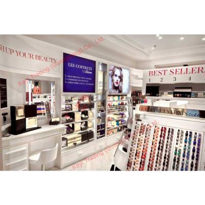China Luxury Custom Perfume Showcase Shelving Boutique Cosmetic Display Wall Cabinet with LED Lighting for sale