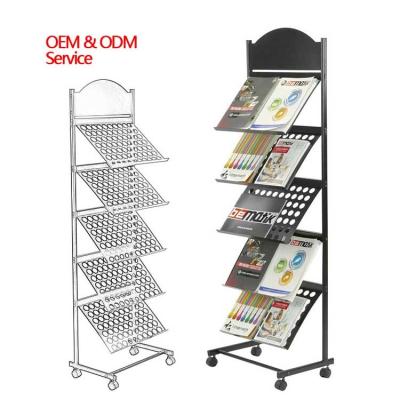 China Custom Durable 5 Tier Metal Shelves Magazin Rack Magazine Display Dtand With Wheel for sale