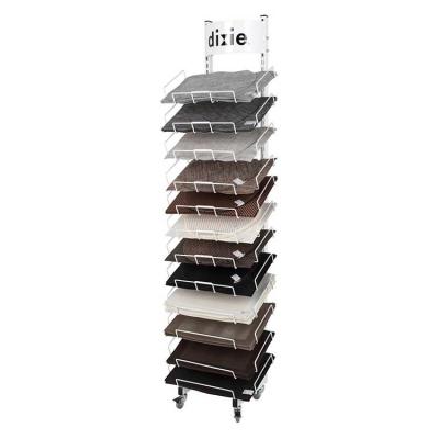 China Adjustable Wire Shelf Floor Standing Metal Placemat Display Stand With 4 Wheel for sale