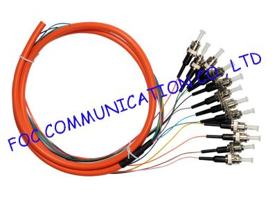 China 50/125um Multimode Fiber Optic Pigtail 12 Core ST Connector Fan Out Distribution for sale