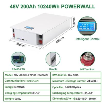 China 48V 200Ah 10kWh LiFePO4 Powerwall Battery with 200A BMS CAN RS485 6000 Cycles 10 Year Warranty for sale