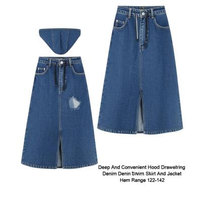 China Deep And Convenient Hood Drawstring Denim Skirt And Jacket with Hem Range 122-142 for sale