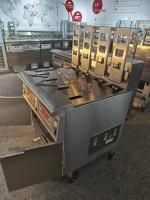 China OFE-H413 Auto Lift 4 Pots 4 Baskets Digital Computer Panel With Oil Filter System 28kw Electric&Gas Open Deep Fryer for sale
