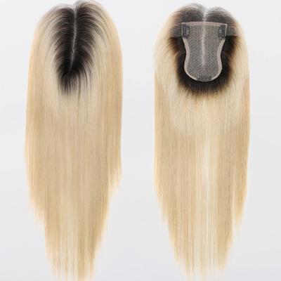 China Silk Base European Ash Blonde Straight Clip On Human Hair Topper With Hd Lace For Women for sale