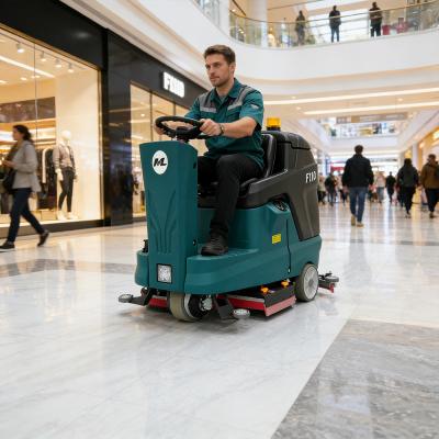 China Battery Powered Ride On Floor Scrubber 110L Tanks 6.5h Runtime Industrial Commercial Floor Cleaner for sale