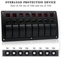 China On Off Aluminium Rocker Switch Panel Waterproof 8 Gang 3 Pin Circuit Breaker Overload Protection for sale