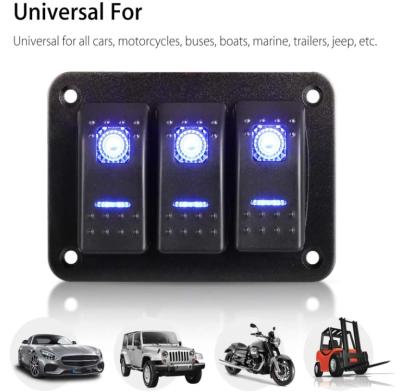 China DC 12V 24V Blue LED Backlit 3 Gang Aluminum 5 Pin ON Off Toggle Rocker Switch Panel for sale
