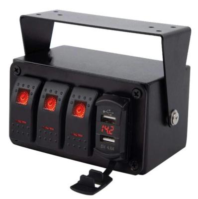China DC12V 24V 3 Gang Red LED Light Rocker Switch Panel Box With Dual 4.8A USB Charger Voltmeter For Car Marine Trucks Boats for sale