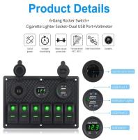China Waterproof Marine Boat Rocker Switch Panel 6 Gang With Dual USB Socket 3.1A Volt Meter Blue LED Light for sale