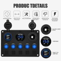 China 5 Gang Waterproof Rocker Switch Panel With Dual USB Slot Socket With Blue LED Lights for sale