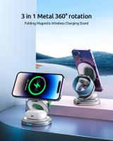 China Zinc Alloy 3 in 1 Wireless Charging Station 15W Fast Charging 360 Rotating Folding Stand for sale