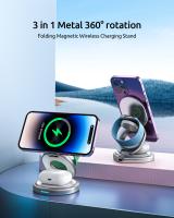 China 3 in 1 360 Rotating Folding Wireless Charger Stand 15W Zinc Alloy for Mobile Phone for sale