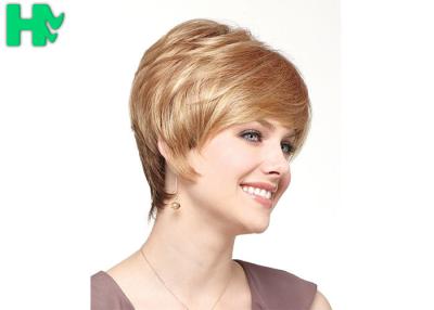 China Short Blonde Highlight Full Bang High Temperature Fiber Wig 120% Density 10 Inch for sale