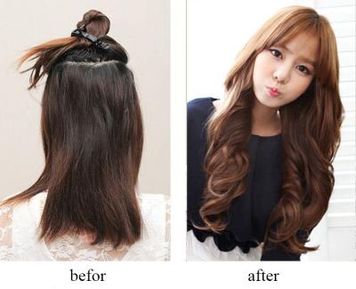 China Golden Synthetic Clip In Hair Extensions Long Curly Hair Weft 20-40 Inch 120g for sale
