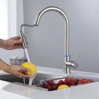 China LIZHEN Kitchen Faucet Hot and Cold Mixer Kitchen Tap Pull Out LED Three Color Change Smart for sale