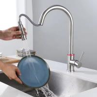 China LIZHEN Kitchen Faucet Hot and Cold Mixer Kitchen Tap Pull Out LED Three Color Change Smart for sale