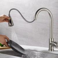 China Silver Kitchen Sink Faucet with Pull Down Sprayer High Water Pressure Stainless Steel for sale