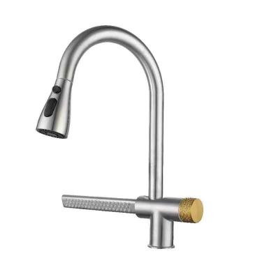 China Deck Mounted Pull Out Kitchen Faucet with Spring and Brushed Stainless Steel Finish for sale