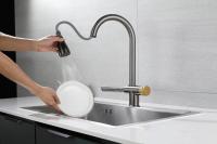 China Deck Mounted Pull Out Kitchen Faucet with Spring and Brushed Stainless Steel Finish for sale