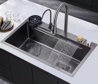 China Lizhen-Hwa.Con Waterfall Kitchen Sink Single Bowl Black Rainfall 680*460mm With Faucet for sale